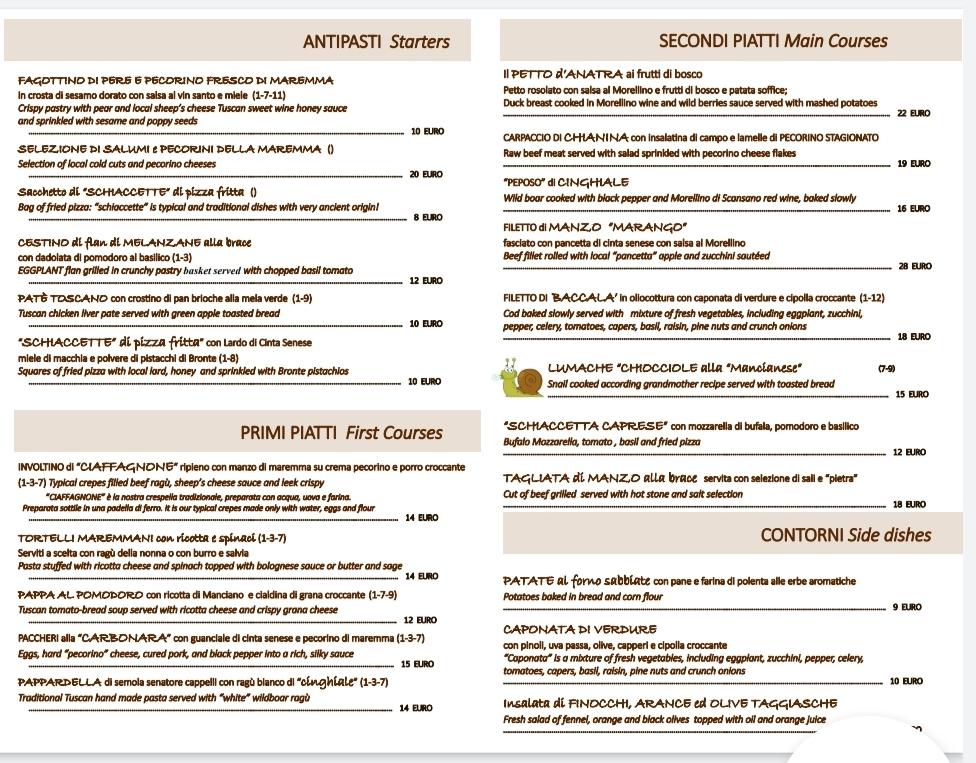 Menu at La Filanda restaurant, Manciano