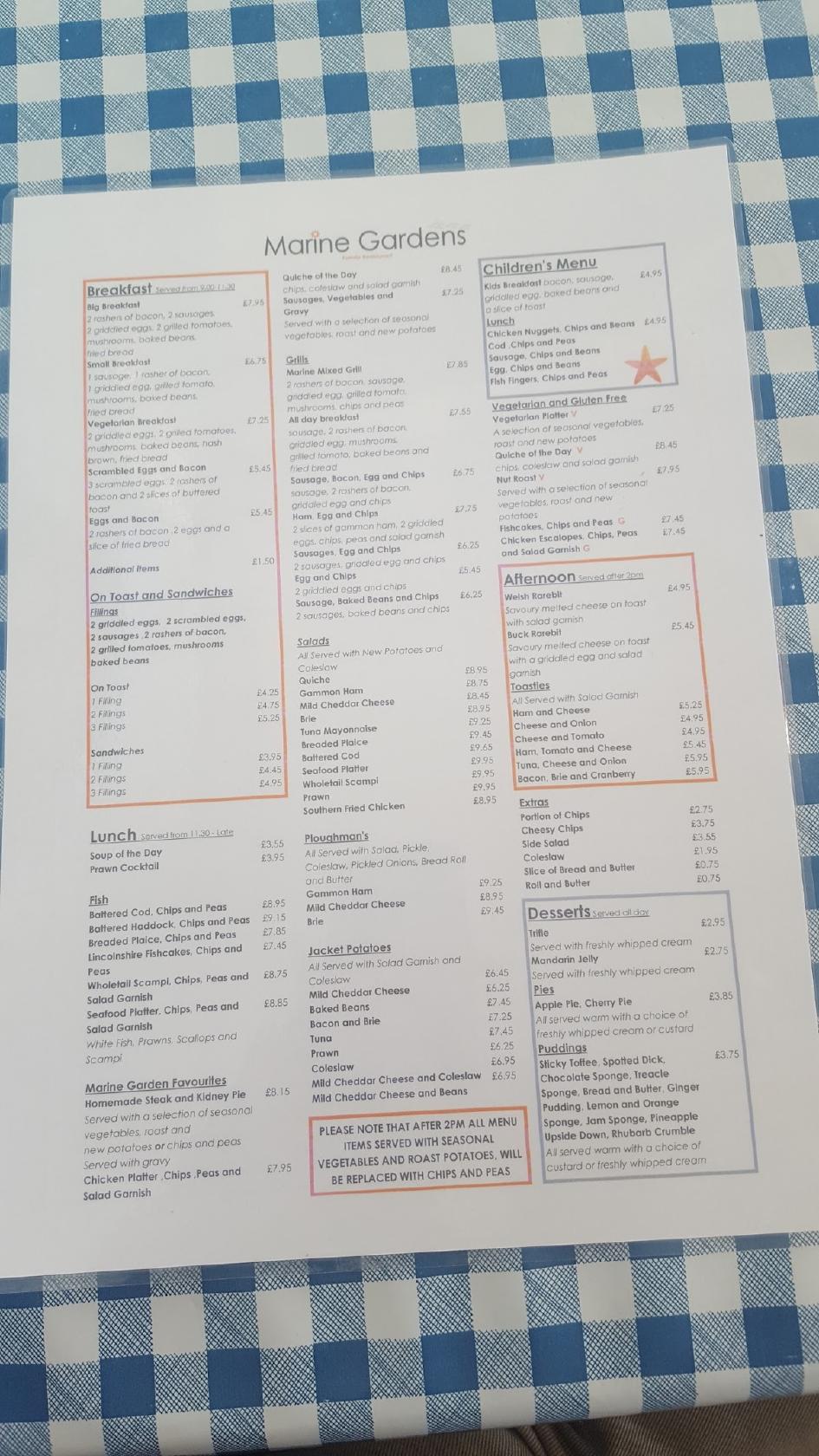 Menu at Marine Gardens Restaurant, Worthing
