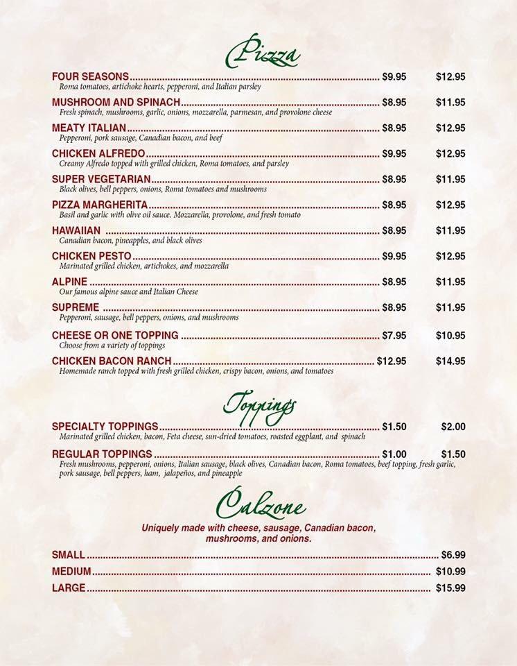 Menu at Pasti Italian Grill pizzeria, Tahlequah