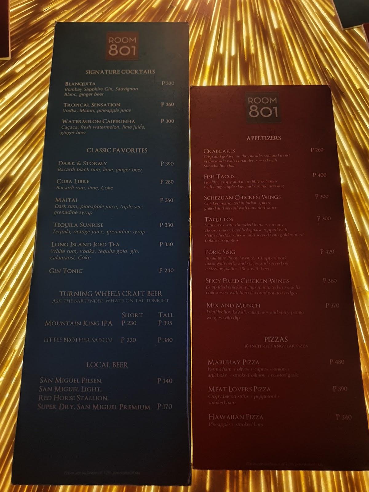 Carta de Room 801 Rooftop Bar and Restaurant, Lapulapu, 2 M.L. Quezon ...