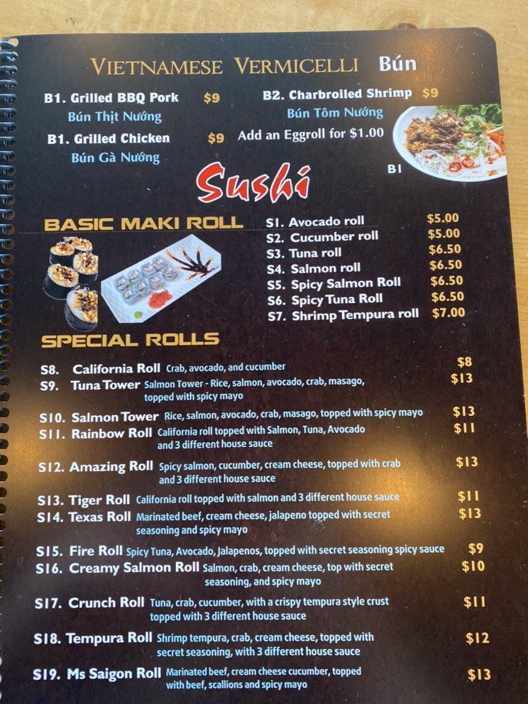 Menu at Ms. Saigon Pho and Grill restaurant, Keller