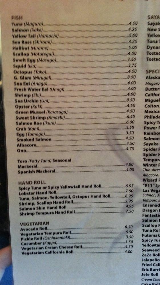 Carta de Sayaka Japanese Restaurant, Colton