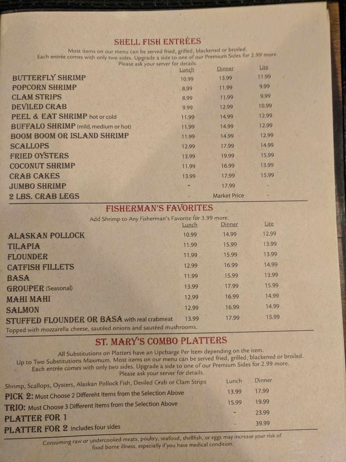 Menu at St Marys Seafood & More(Mandarin) pub & bar, Jacksonville, Old ...