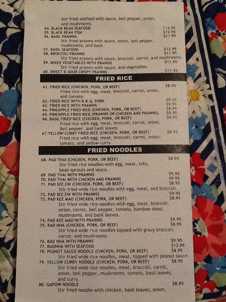 Menu at Thai In Fife restaurant, Tacoma