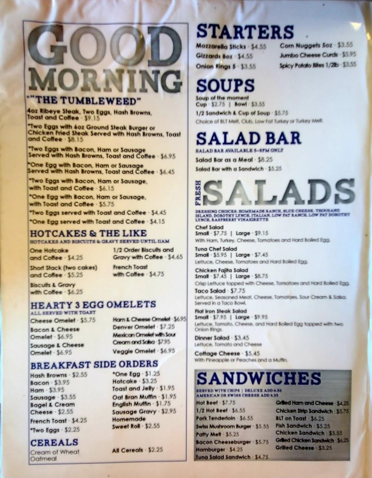 Menu at Tumbleweed Café cafe, Broken Bow