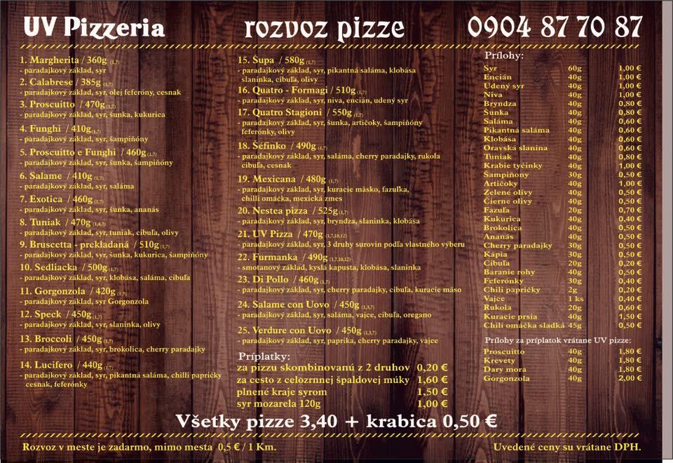 Menu at UV Pizzéria restaurant, Banská Štiavnica