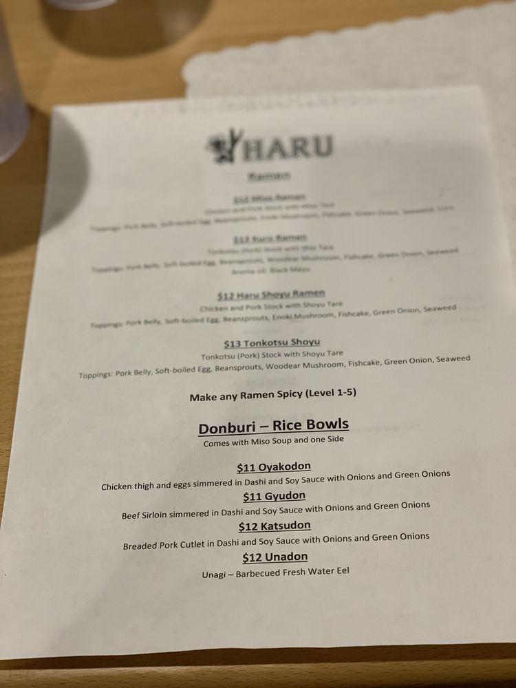 Menu at Haru restaurant, Reno