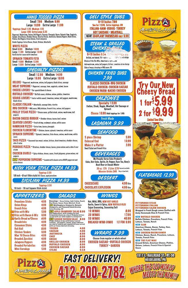 Menu at Pizza Americana pizzeria, Heidelberg, E Railroad St