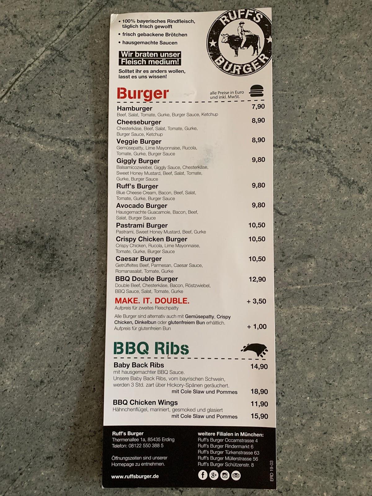 Speisekarte von Ruff´s Burger Therme Erding restaurant, Erding