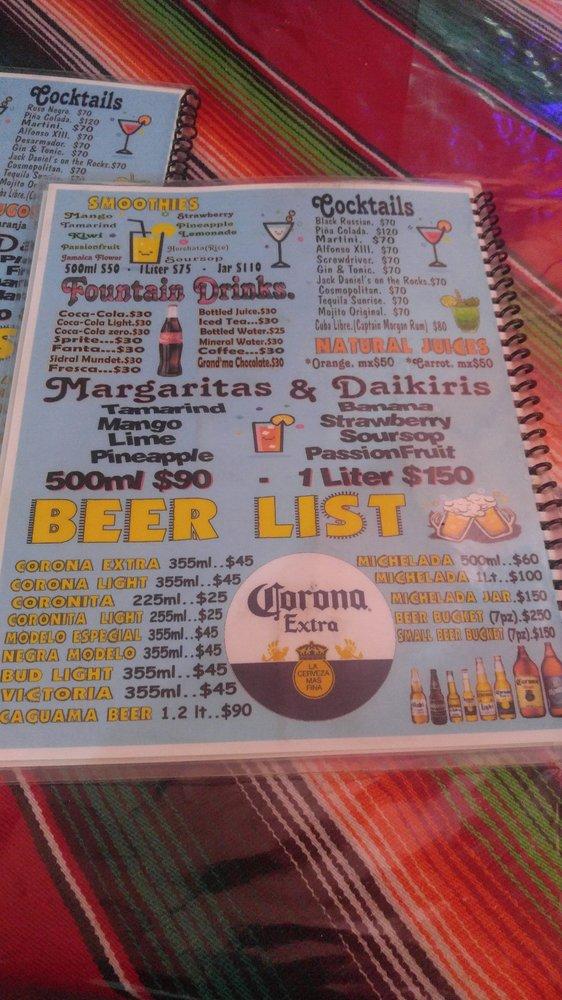 Menu at El Comalito Inn restaurant, Cancún, Plaza Quetzal