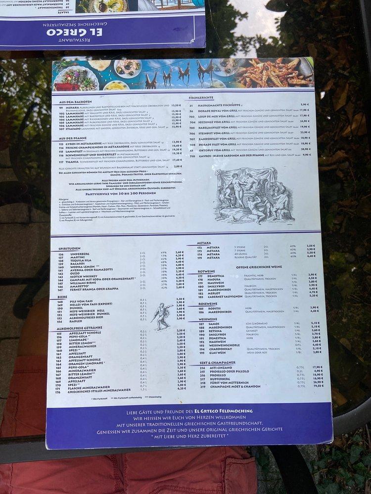 Menu at El Greco restaurant, Munich, Josef-Frankl-Straße 30
