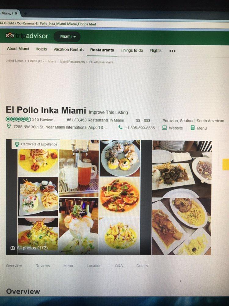 Menu at El Pollo Inka Miami restaurant, Miami, NW 36th St