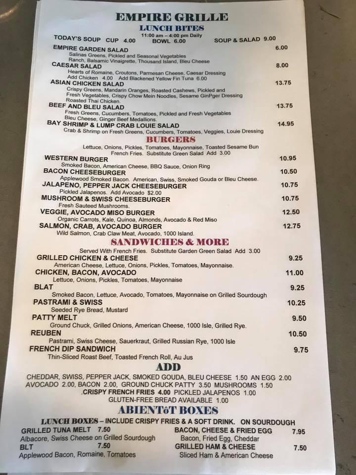 Menu at Empire Grille pub & bar, Felton