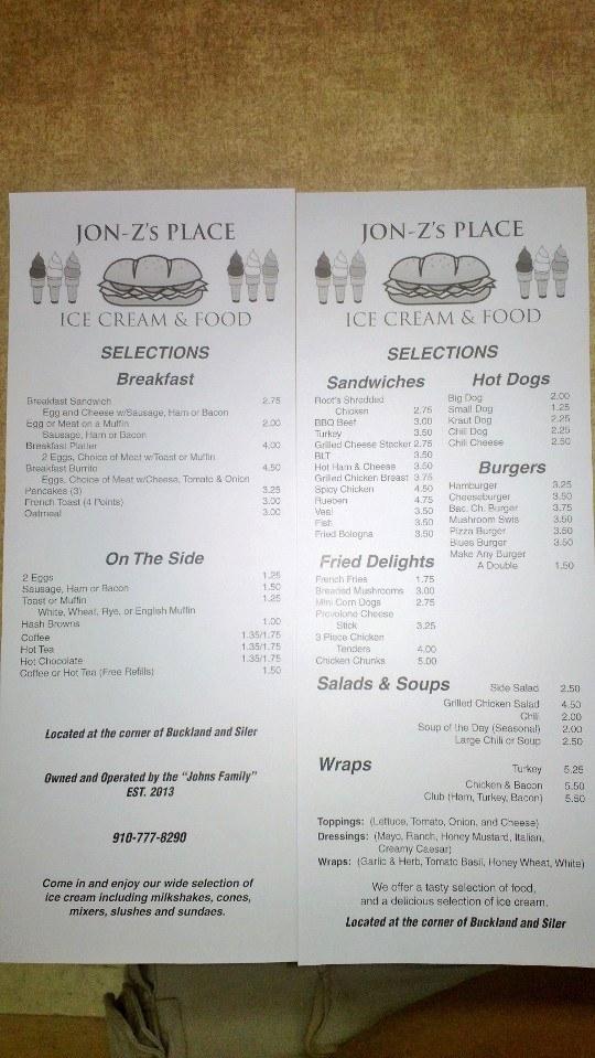 Menu at Jon-Z's Place restaurant, Fremont