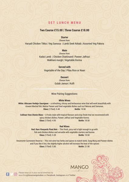 Carta del restaurante Mango Indian, Londres, Cromwell Building, 6 ...