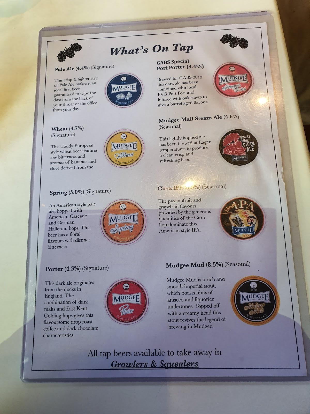Menu at Mudgee Brewing Company restaurant, Mudgee