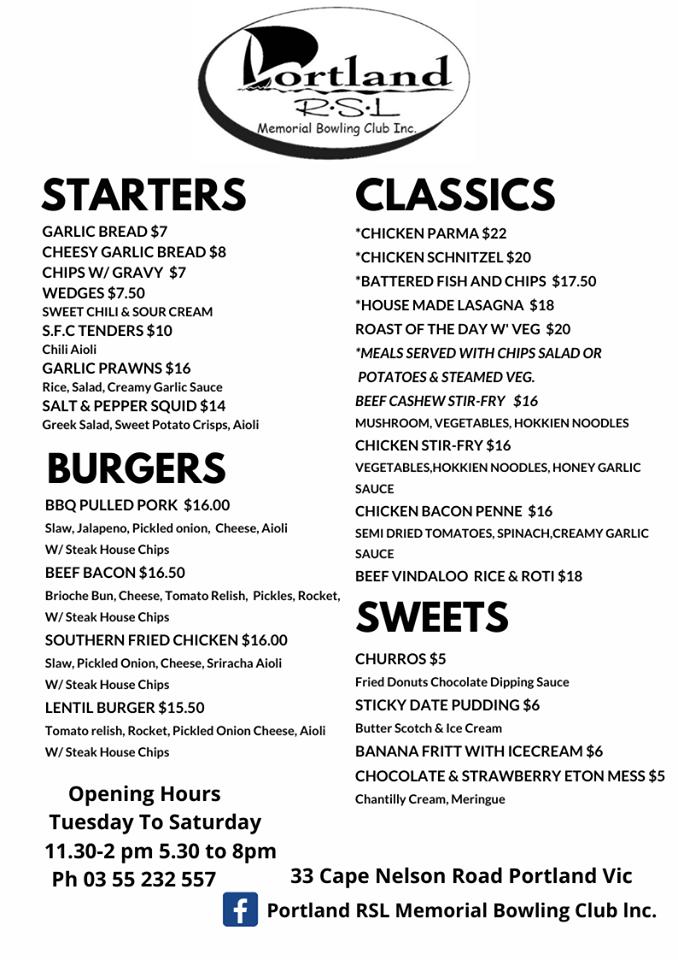 Menu at Portland Memorial Bowling Club, Portland