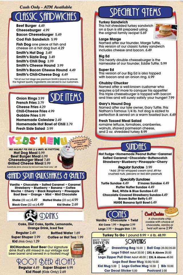 Menu at White Turkey Drive-in restaurant, Conneaut