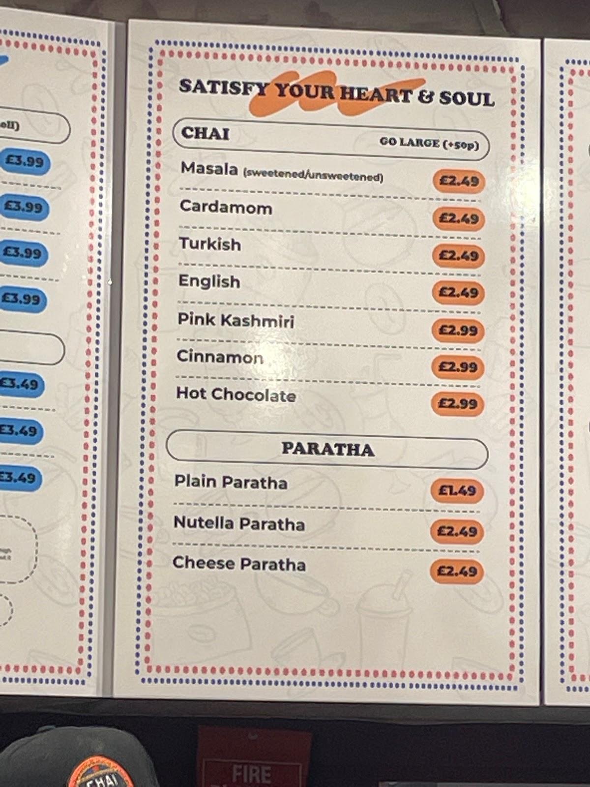 Menu at Chai Ada cafe, London