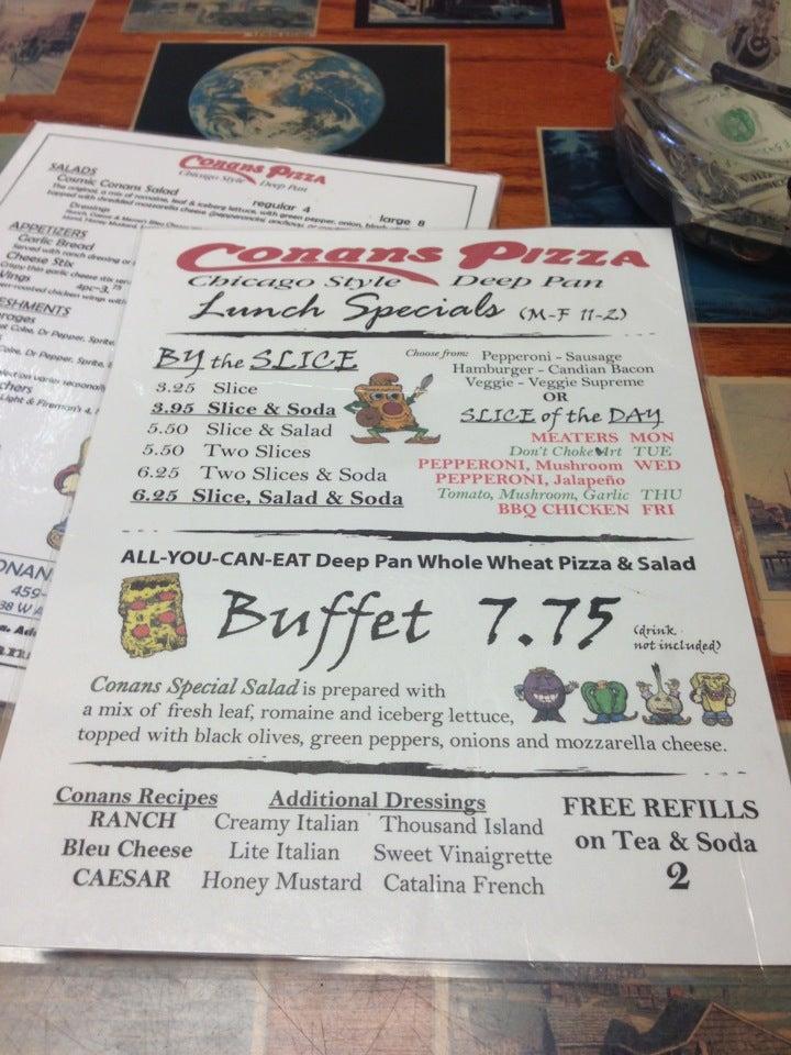 Carta de pizzería Conans Pizza North, Austin