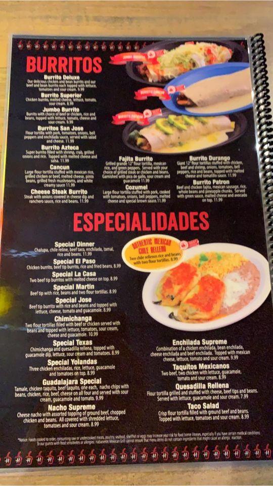 Menu at Habaneros Mexican Grill restaurant, Lewisburg