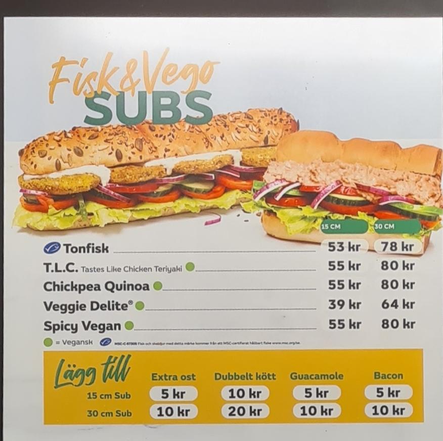 Menu at Subway restaurant, Gustavsberg
