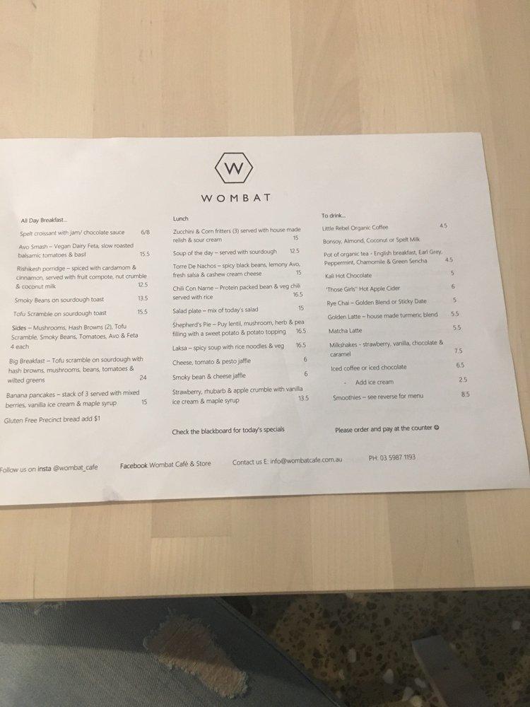 Menu at Wombat Cafe & Store, Dromana