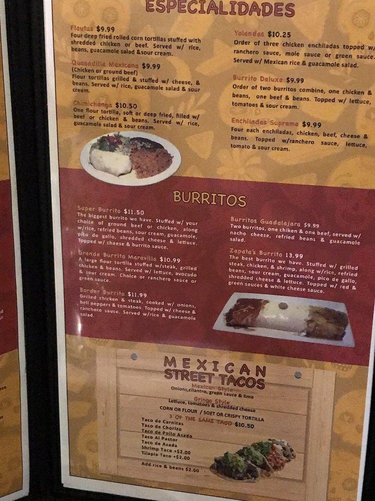 Menu at Zapata's Mexican Restaurant, Oldsmar