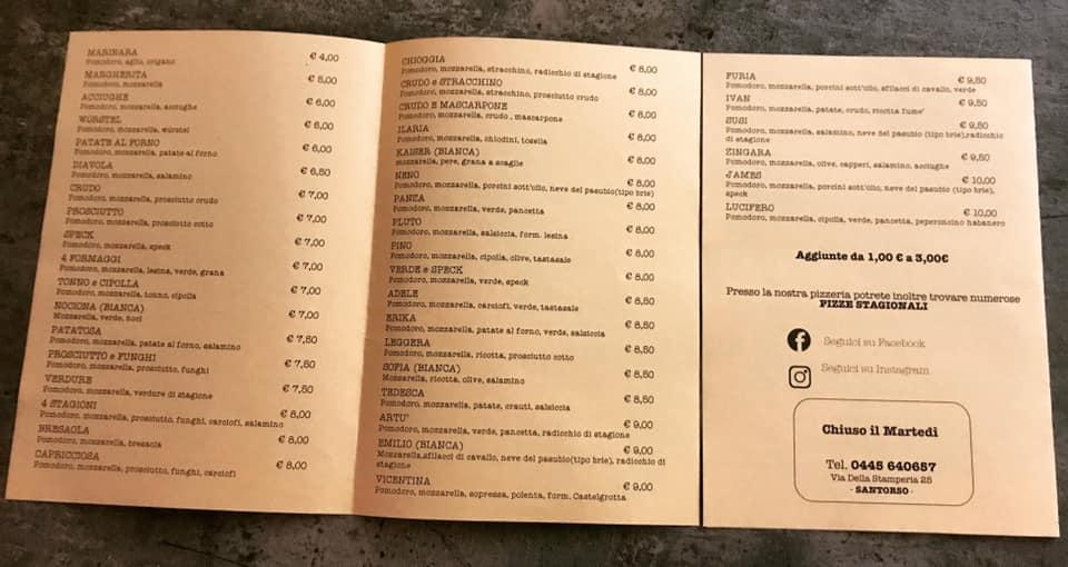 Menu at Barbapizza, Santorso