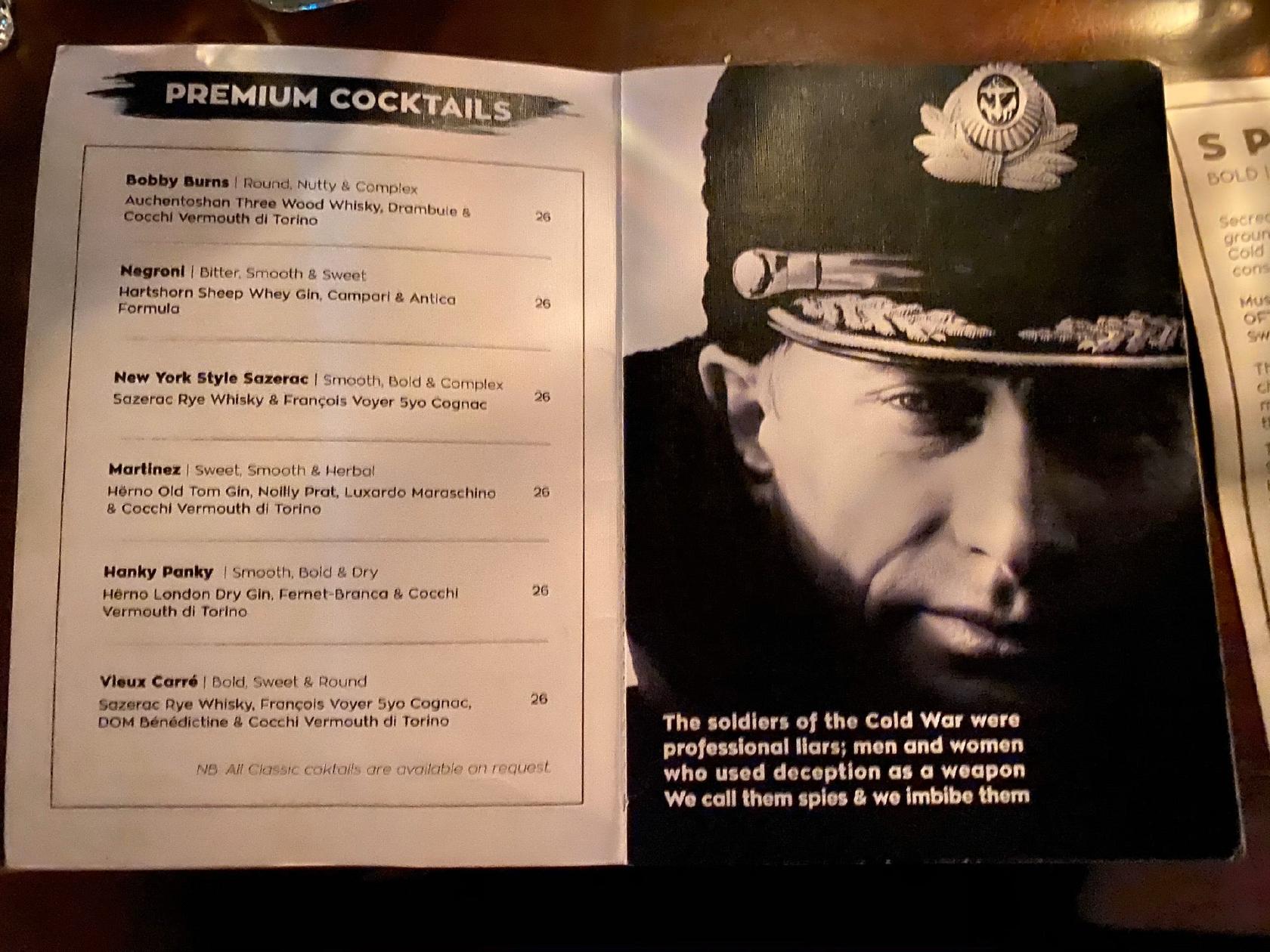Menu at Berlin Bar, Melbourne