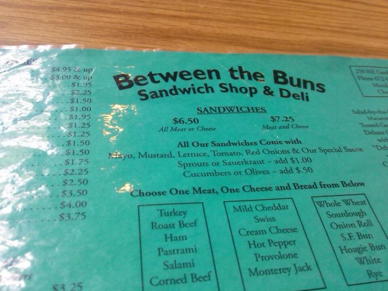 Menu at Between the Buns Sandwich Shop restaurant, Roseburg