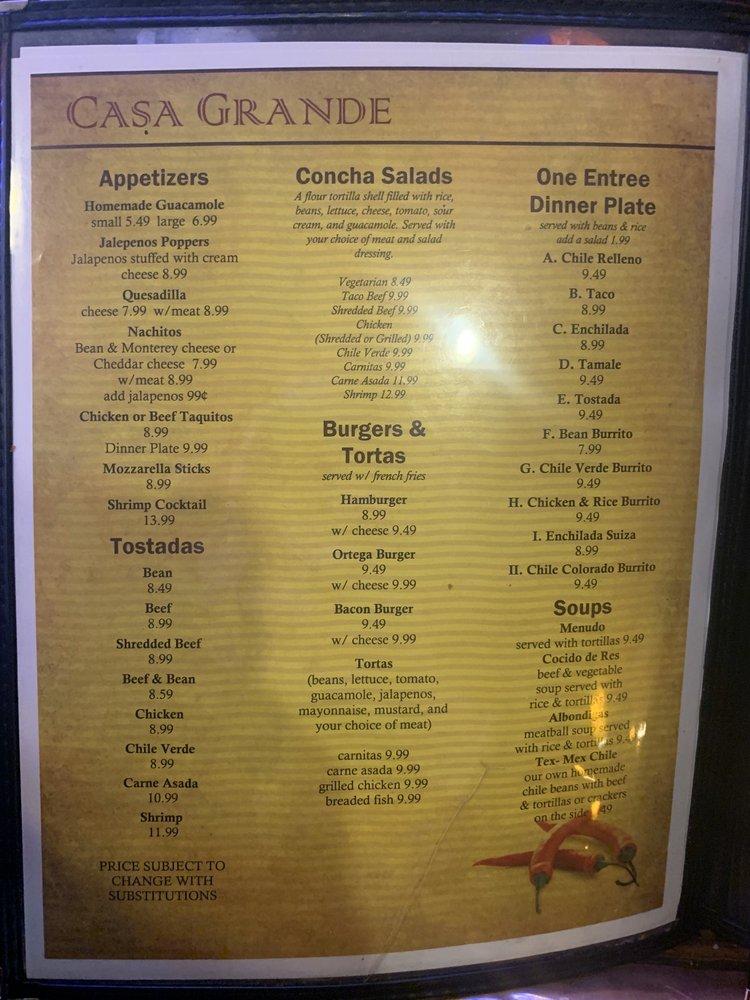 Menu at Casa Grande Restaurant, Visalia, W Whitendale Ave