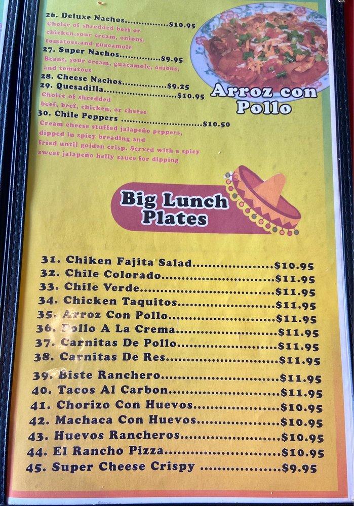Menu at El Rancho Viejo restaurant, Battle Ground