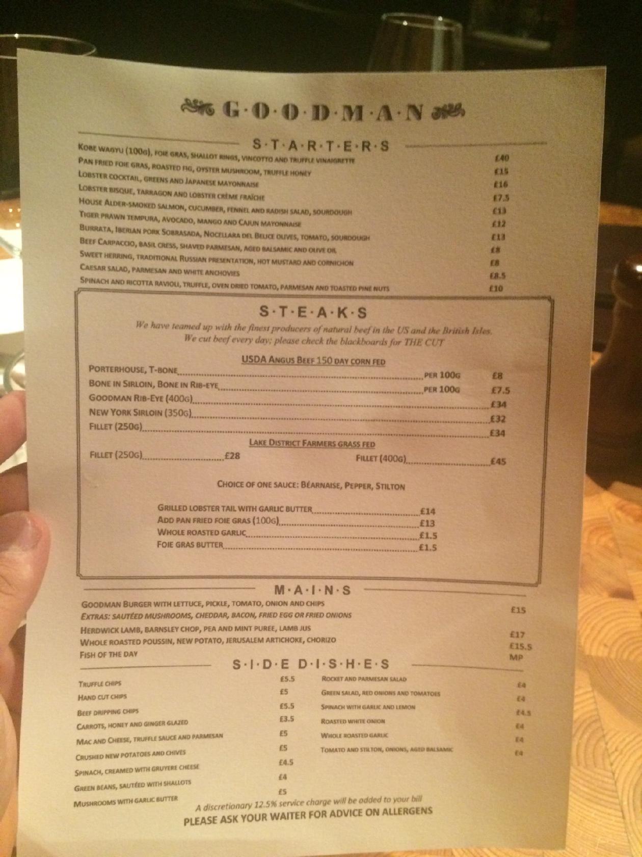 Carta de parrilla Goodman - Mayfair, Londres, 24-26 Maddox St