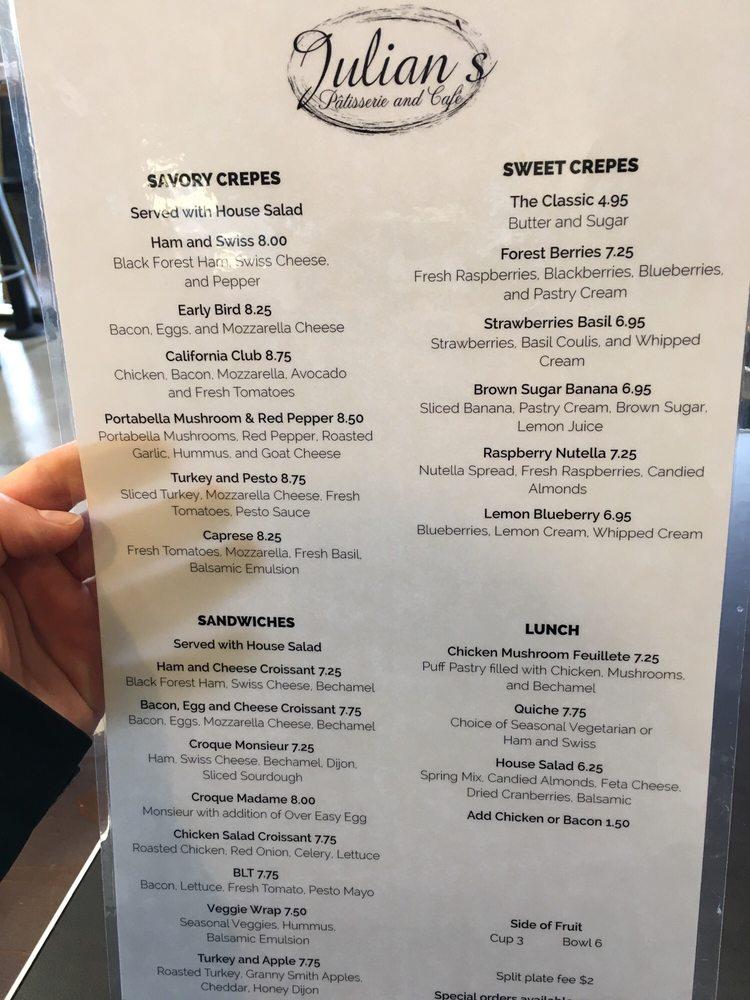 Menu at Julian's Patisserie and Cafe, Folsom