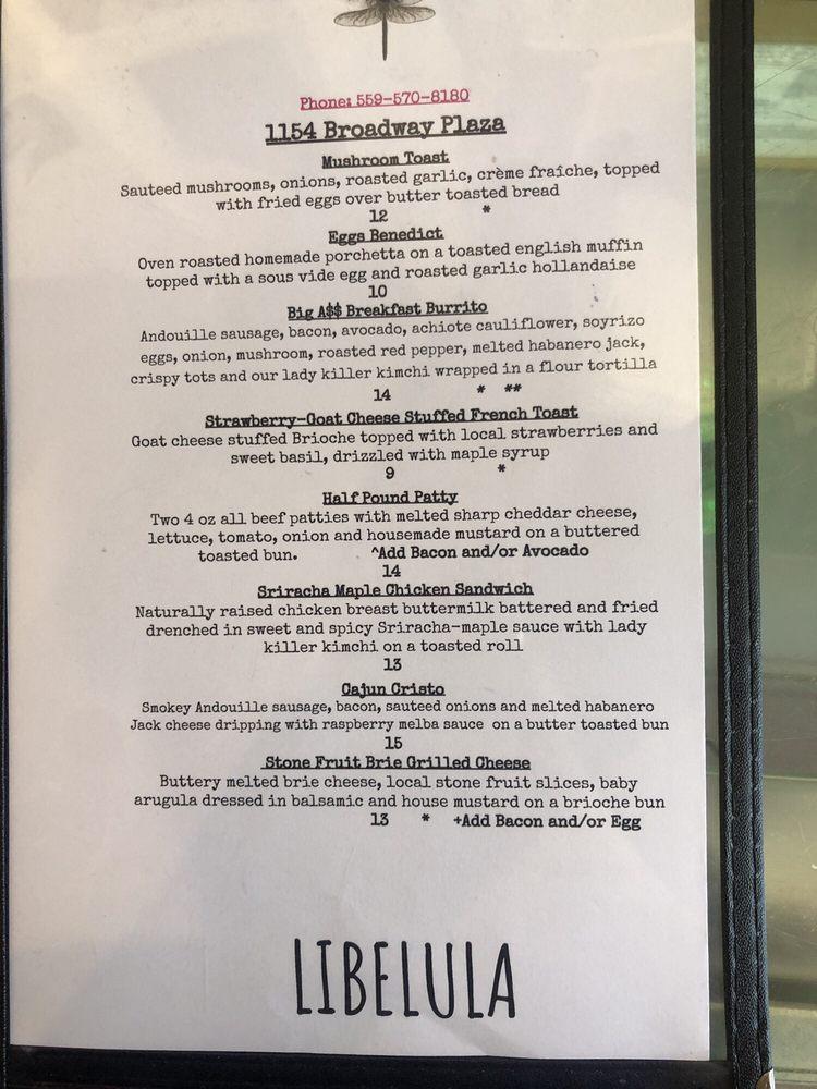 Menu at Libelula restaurant, Fresno