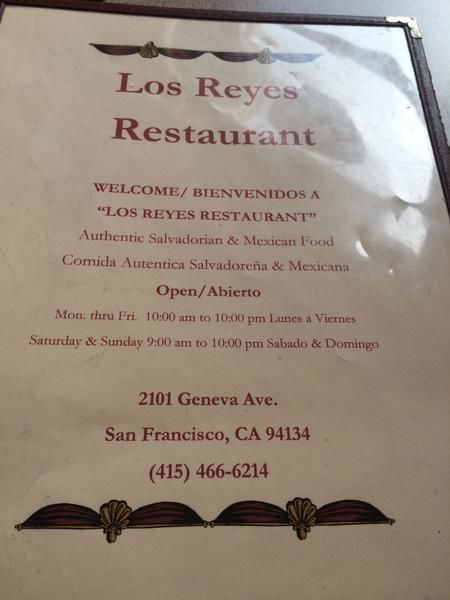 Menu at Los Reyes Restaurant, San Francisco