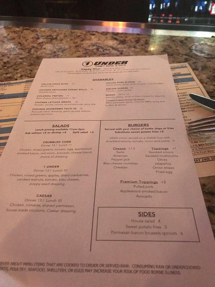 Menu at One Under Craft Beer & Eats pub & bar, Livonia