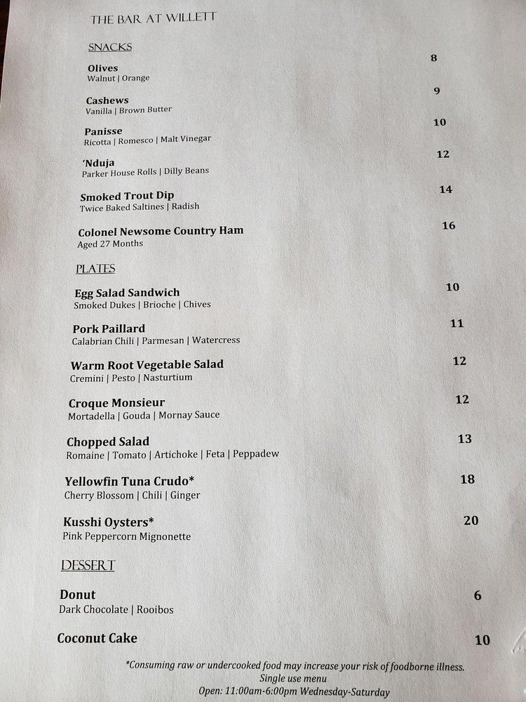 Menu at The Bar at Willett, Bardstown