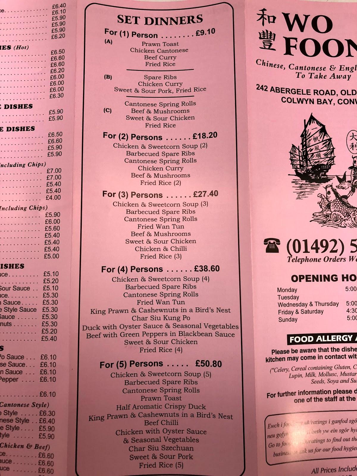 Menu at Wo Foong fast food, Colwyn Bay, 242 Abergele Rd