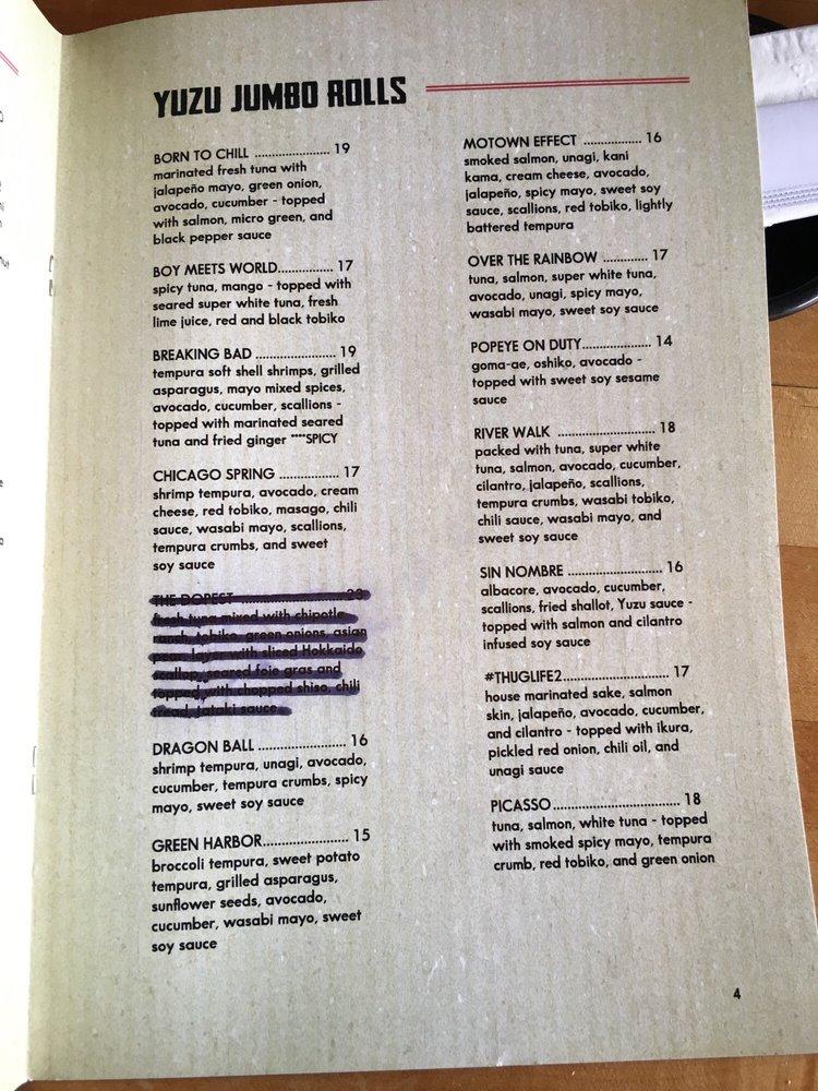 Menu at Yuzu Sushi & Robata Grill restaurant, Chicago