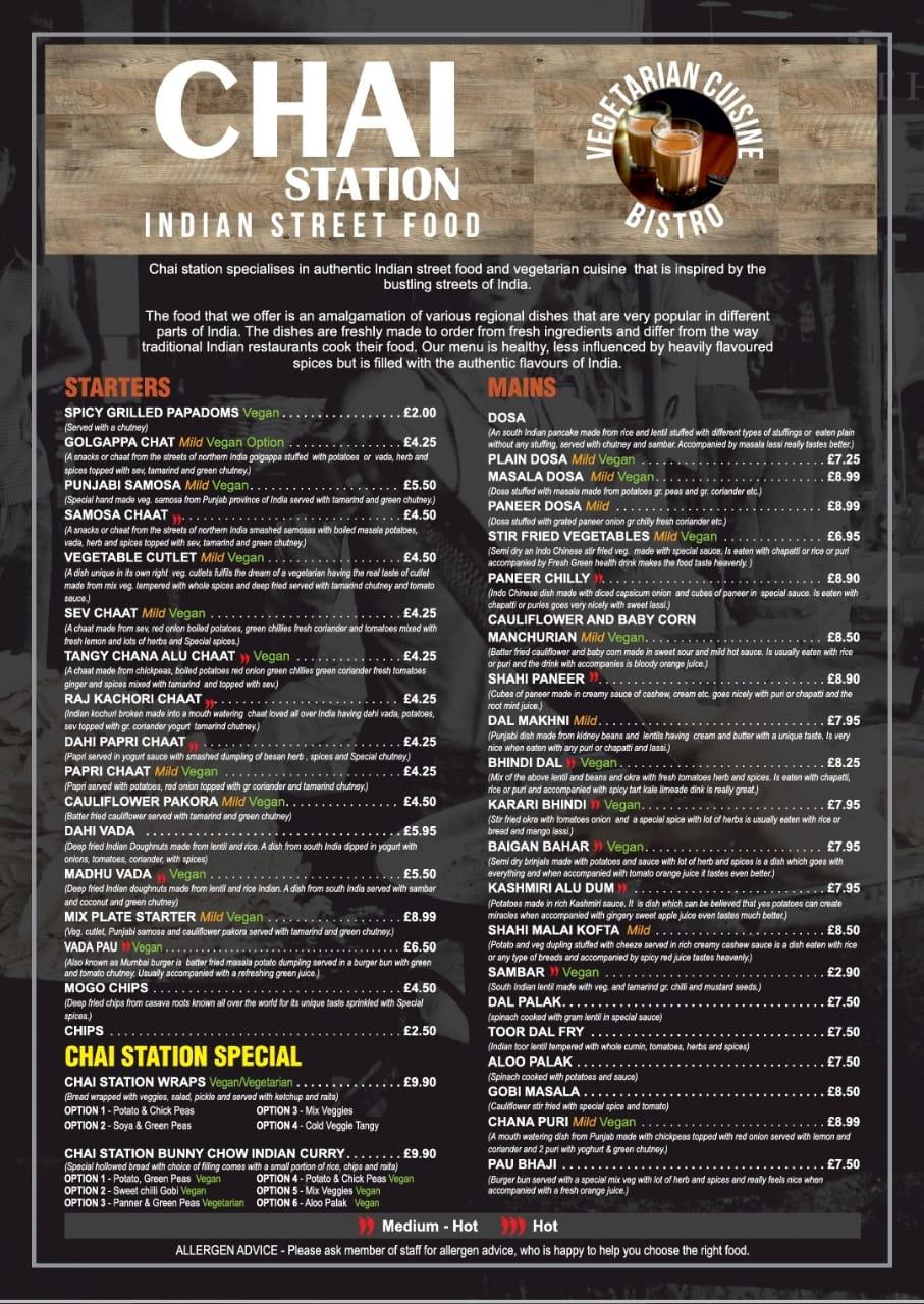 Menu at Chai Station - Vegetarian vegan Indian restaurant, Chester