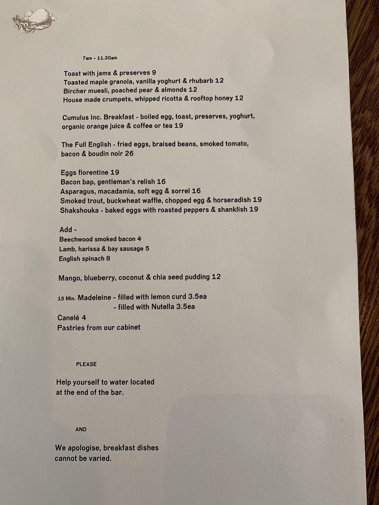 Menu at Cumulus Inc. pub & bar, Melbourne