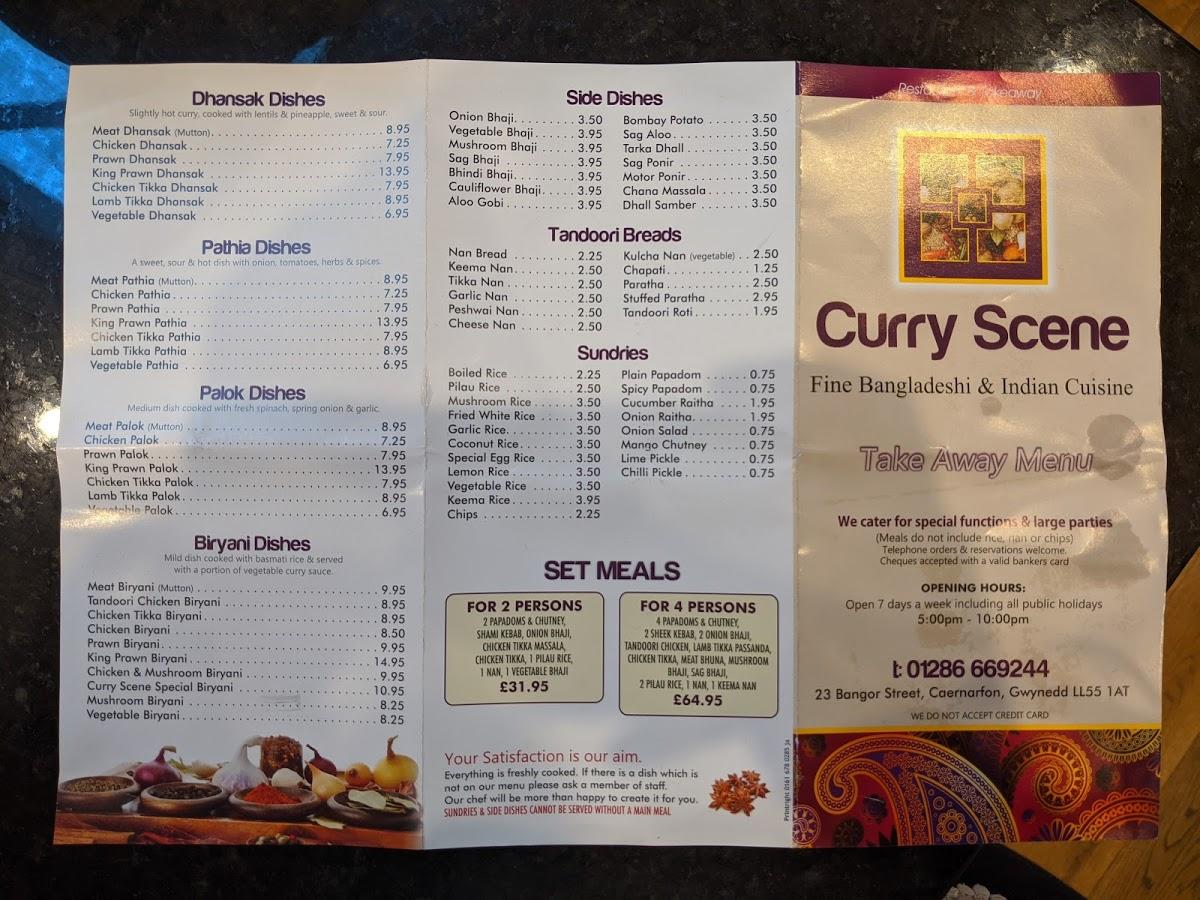 Menu at Curry Scene fast food, Caernarfon