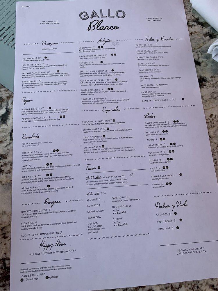 Menu at Gallo Blanco restaurant, Phoenix, 928 E Pierce St
