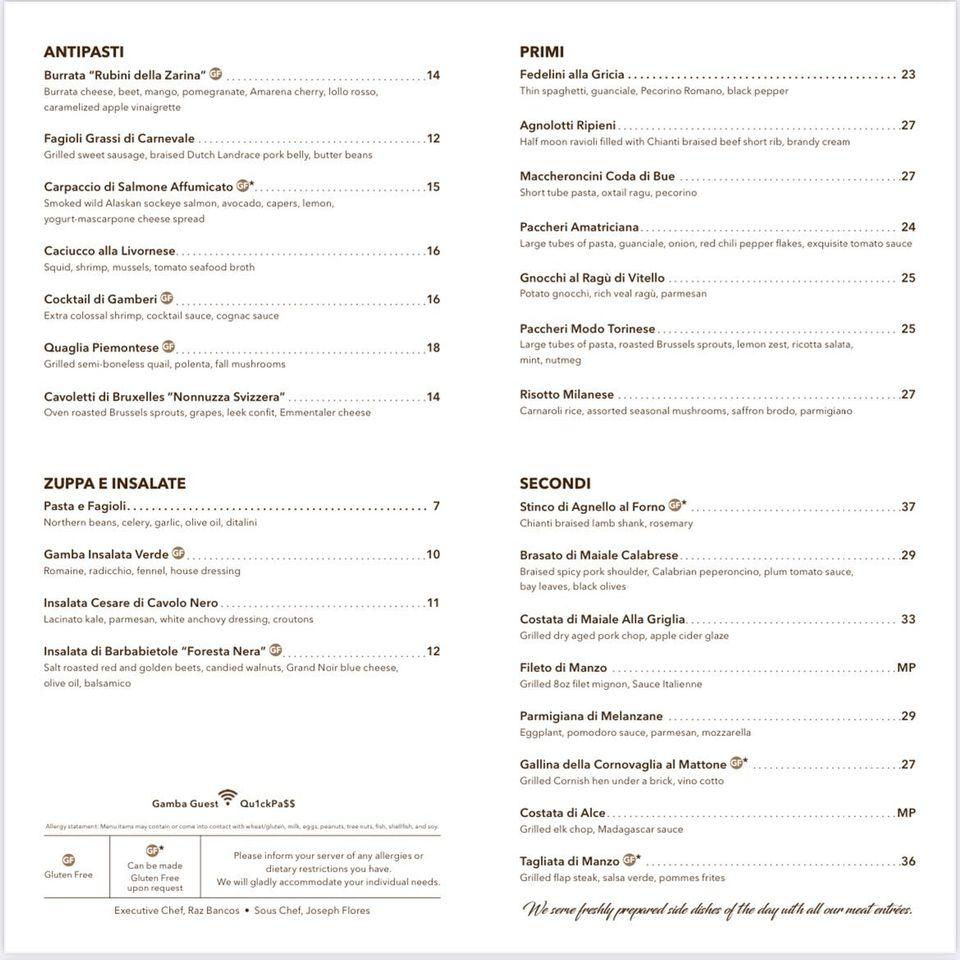 Menu at Gamba Ristorante steakhouse, Merrillville