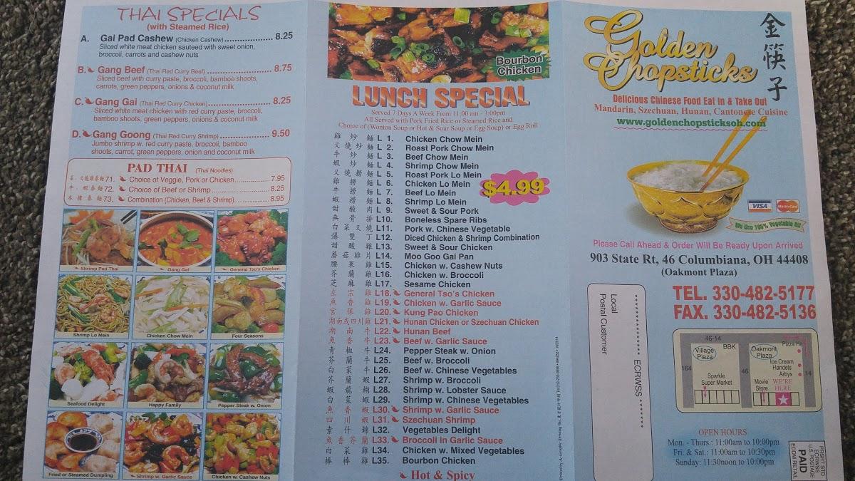 Menu at Golden Chopsticks restaurant, Columbiana