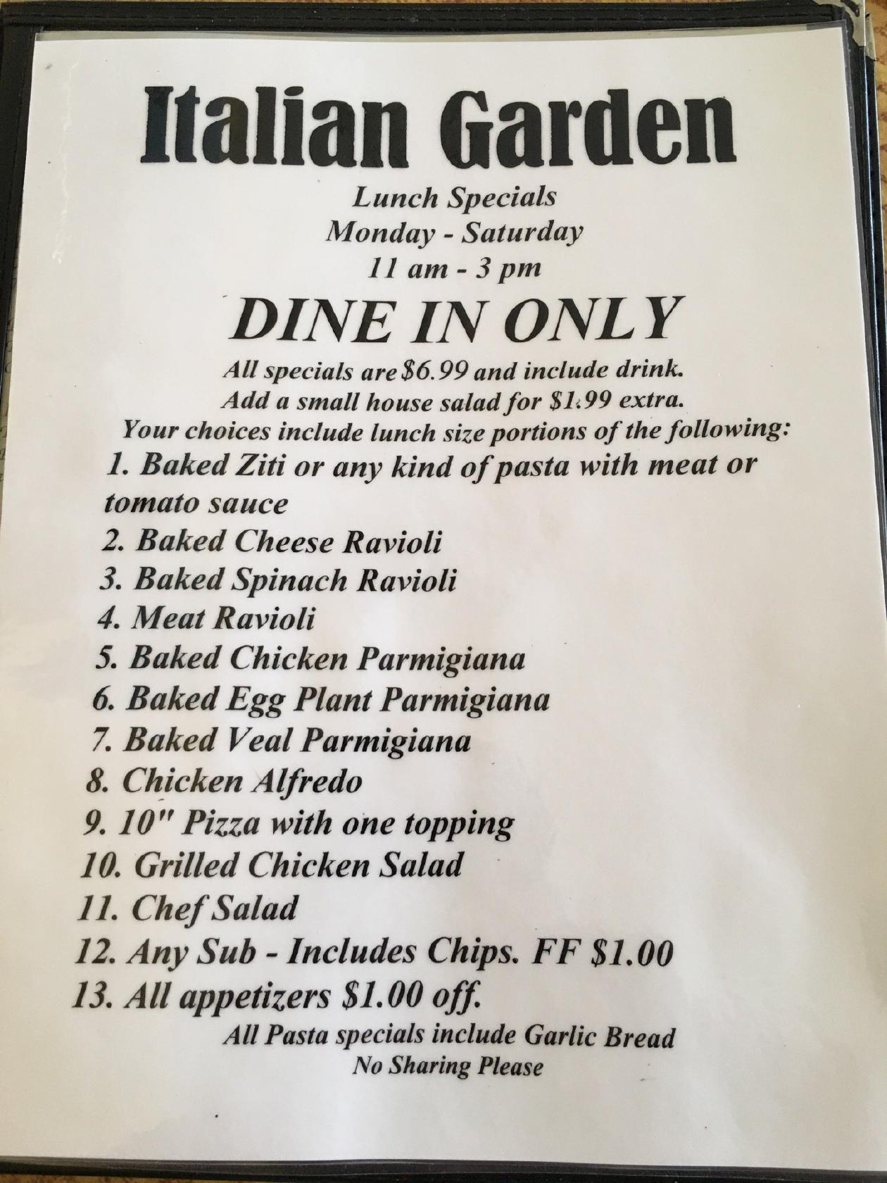 Menu at Italian Garden pizzeria, Winnsboro