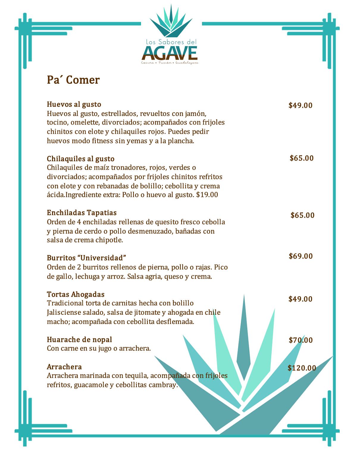 Menu at Los Sabores del Agave restaurant, Zapopan