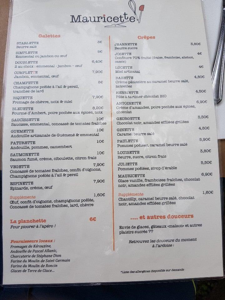 Menu at Mauricette restaurant, Étel